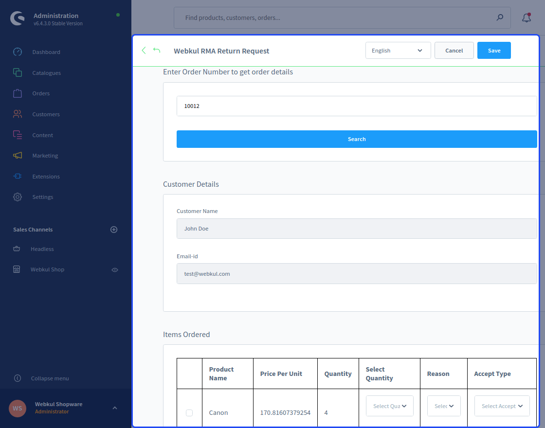 Shopware 6 RMA | Return Merchandise Authorization Module - WebKul